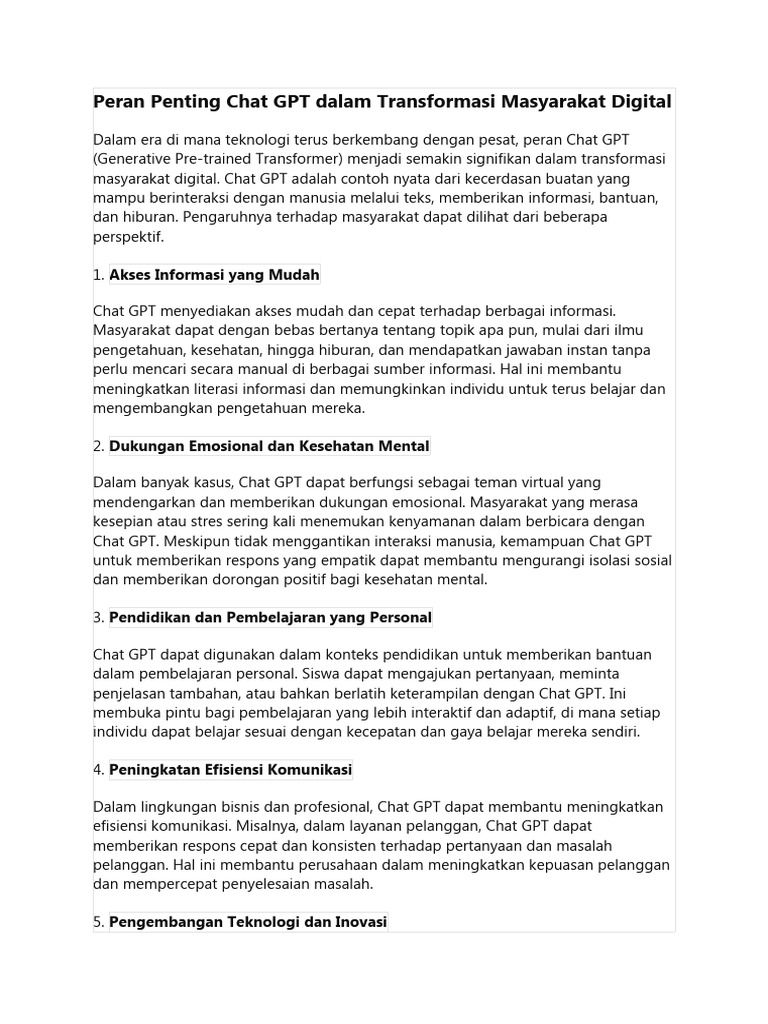 Peran Penting Chat GPT Dalam Transformasi Masyarakat Digital | PDF ...