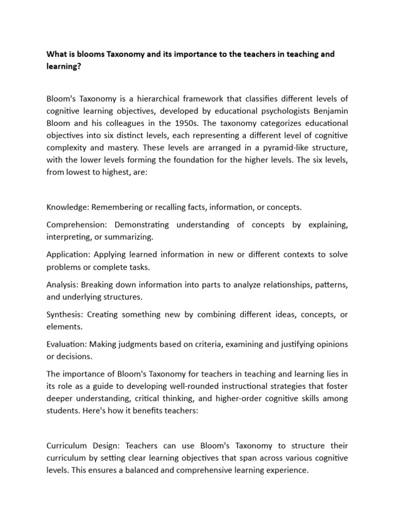 What Is Blooms Taxonomy and Its Importance To The Teachers in Teaching ...