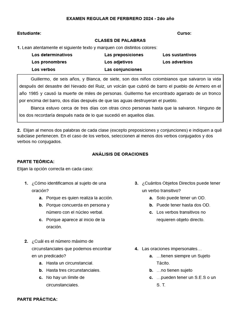 Evaluación de Lengua Poec - Análisis de Oraciones | PDF | Verbo | Asunto (gramática)