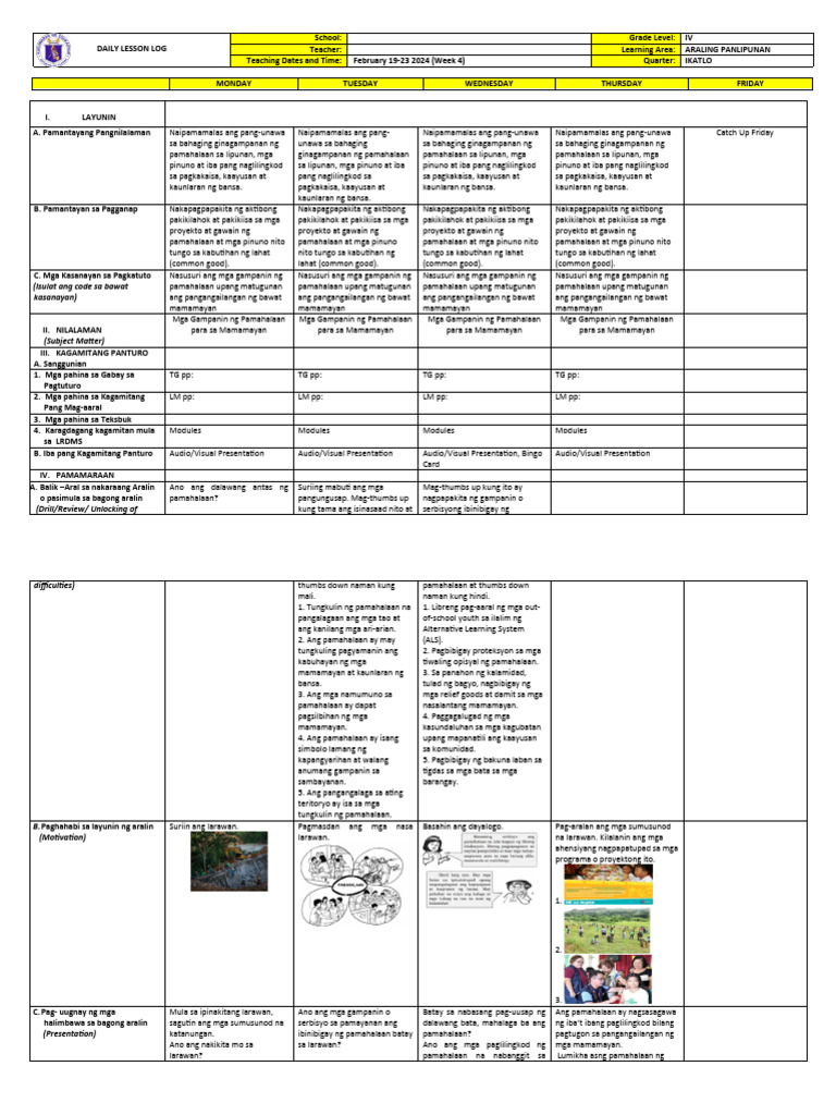 DLL - AP4 - Q3 - W4 Nasusuri Ang Mga Gampanin NG Pamahalaan | PDF