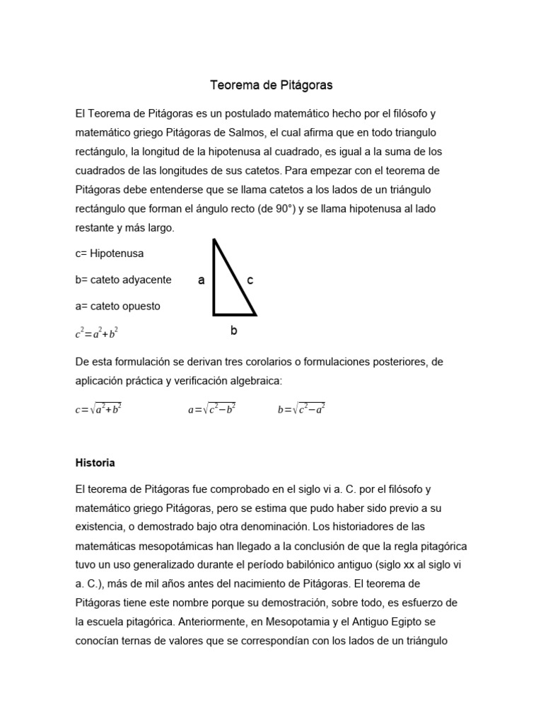 Teorema de Pitágoras: Definición y Aplicaciones | PDF | Triángulo ...