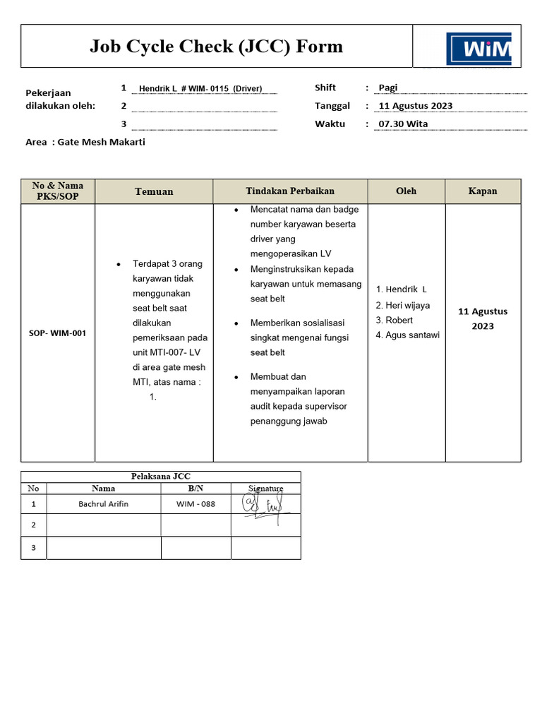 Job Cycle Check (JCC) Form | PDF