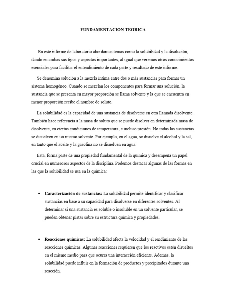 FUNDAMENTACION TEORICA Quim | PDF | Solubilidad | Solvente