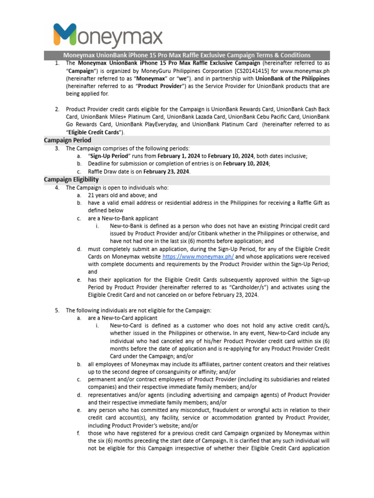 Moneymax UnionBank Iphone 15 Pro Max Raffle Terms and Conditions v3 | PDF | Credit Card | Privacy