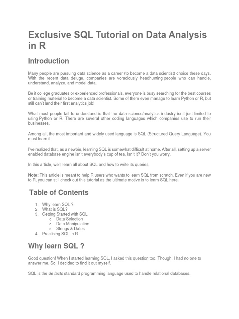 SQL Tutorial On Data Analysis in R | PDF | Sql | Databases