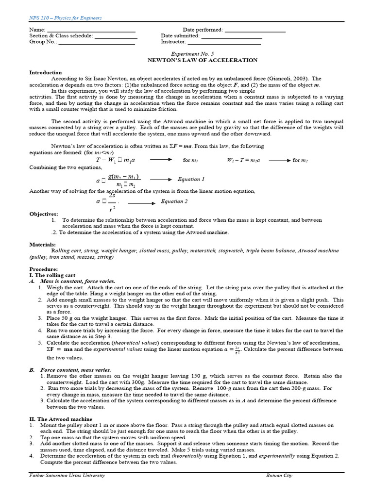 Expt. 5. Law of Acceleration | Download Free PDF | Force | Tension ...