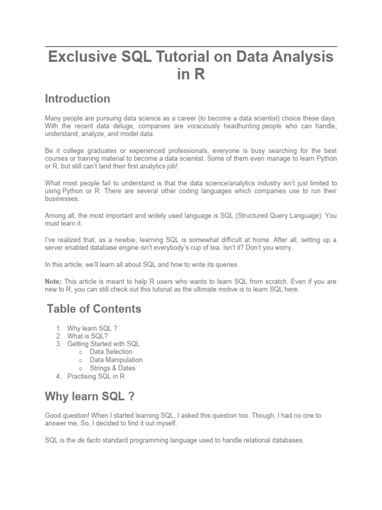 Exclusive SQL Tutorial On Data Analysis in R | Download Free PDF | Sql | Databases