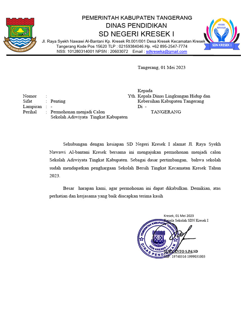 Surat Permohonan Sekolah Adiwiyata | PDF