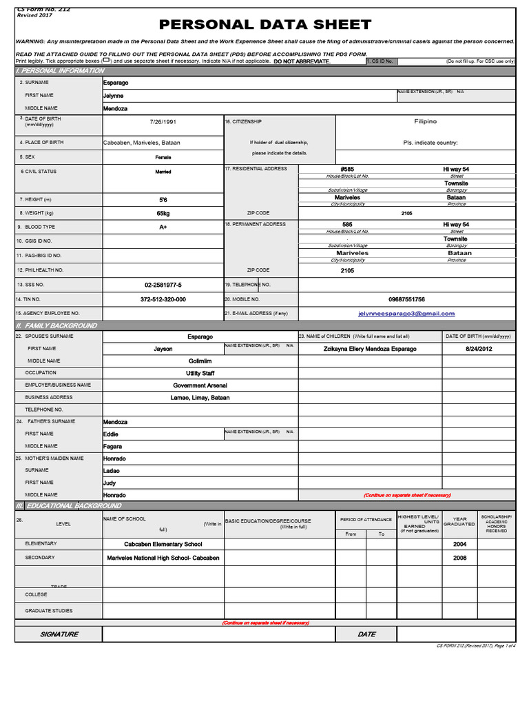 Personal Data Sheet | Download Free PDF | Government | Justice
