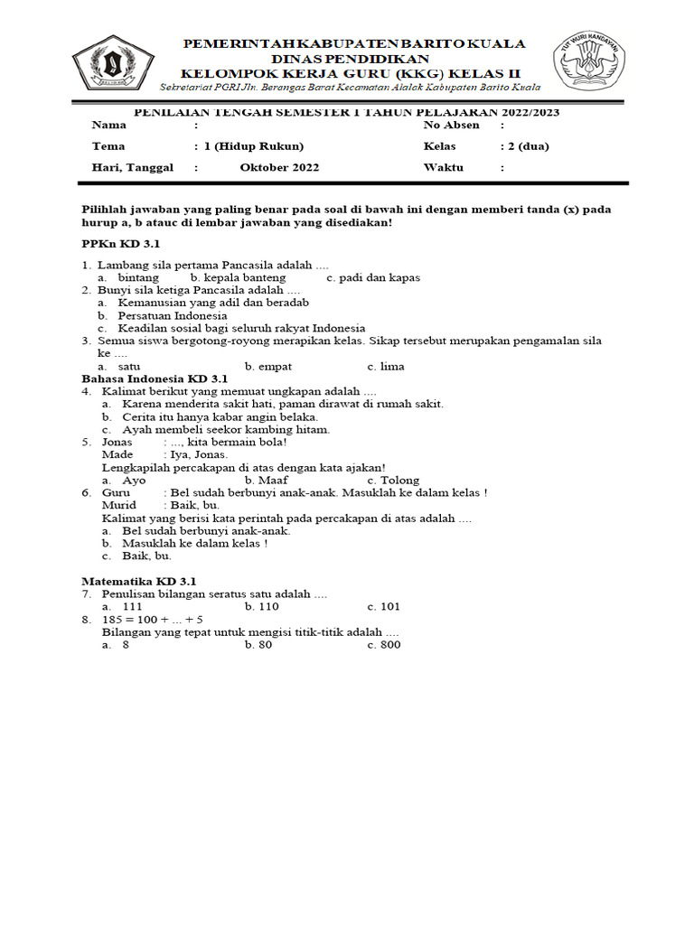 Soal Dan Kisi Kisi Soal Pts Tema 1 Kelas 2 2022-2023 | PDF