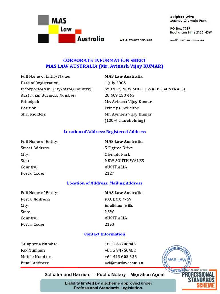 MAS Law Australia Corporate Information | PDF | New South Wales | Mail