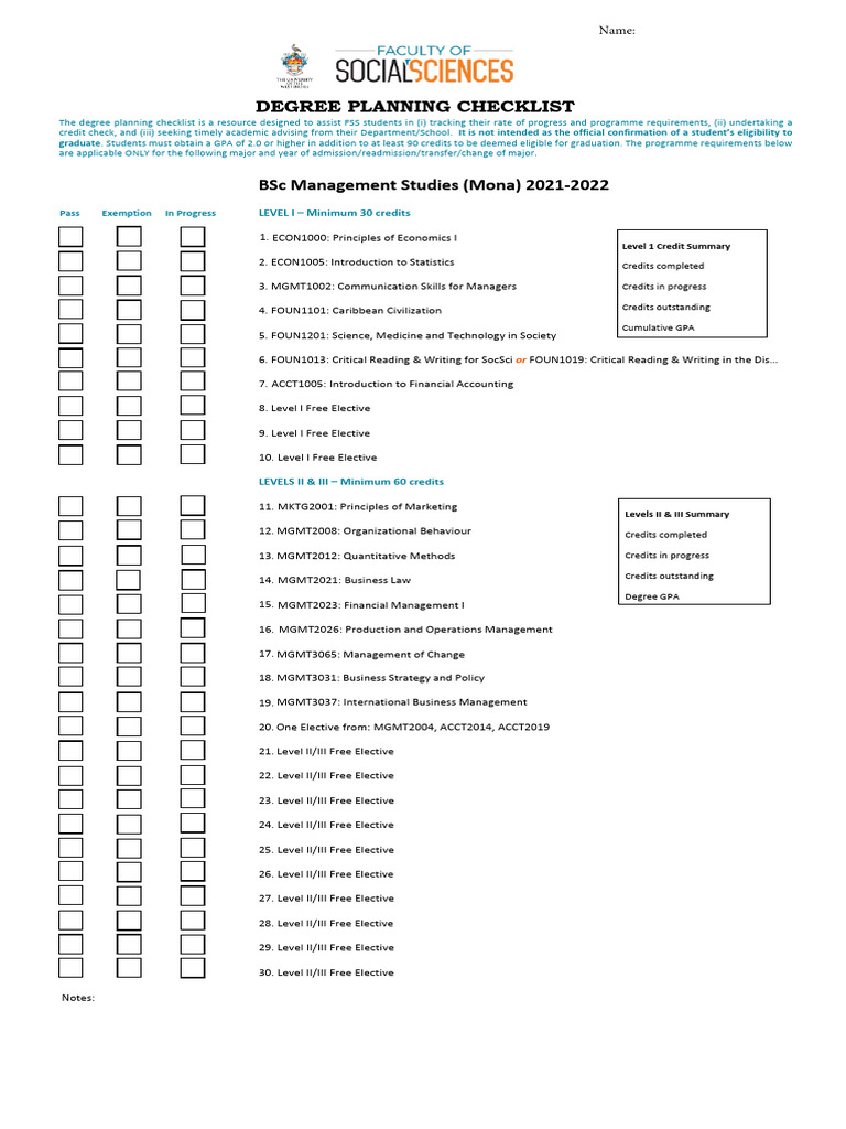 BSC. Management Studies Checklist | PDF | Academic Degree | Economies