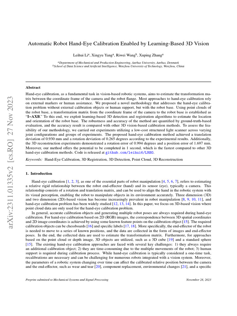 Automatic Robot Hand-Eye Calibration Enabled by Learning-Based 3D Vision | PDF | Computer Vision ...