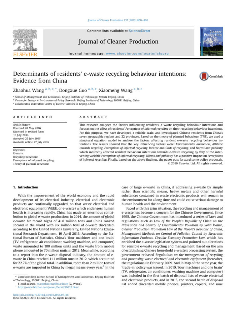 Determinants of Residents' E-Waste Recycling Behaviour Intentions ...