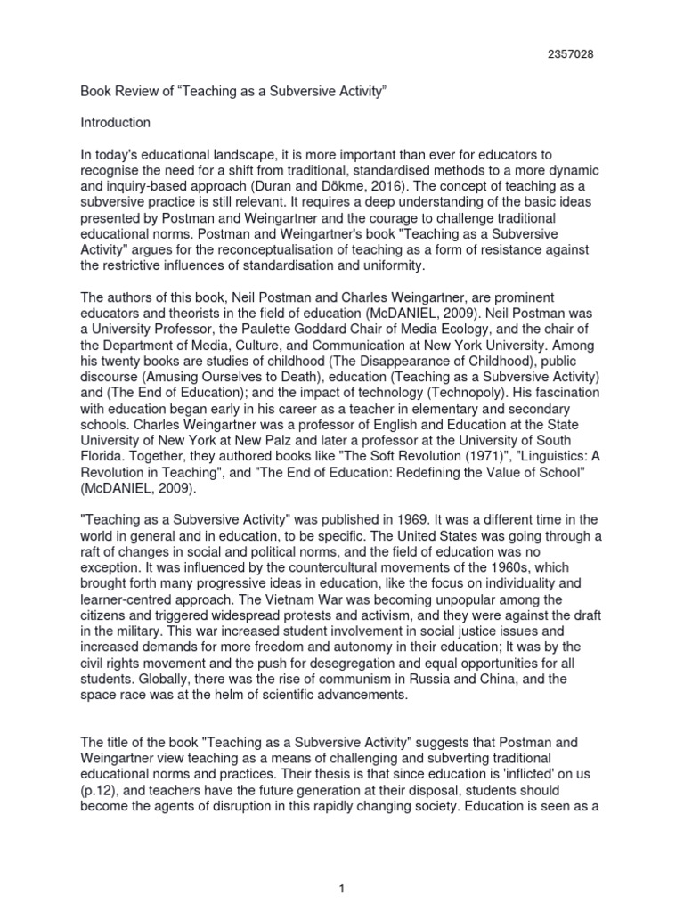 Book Review of Teaching As A Subversive Activity | Download Free PDF ...