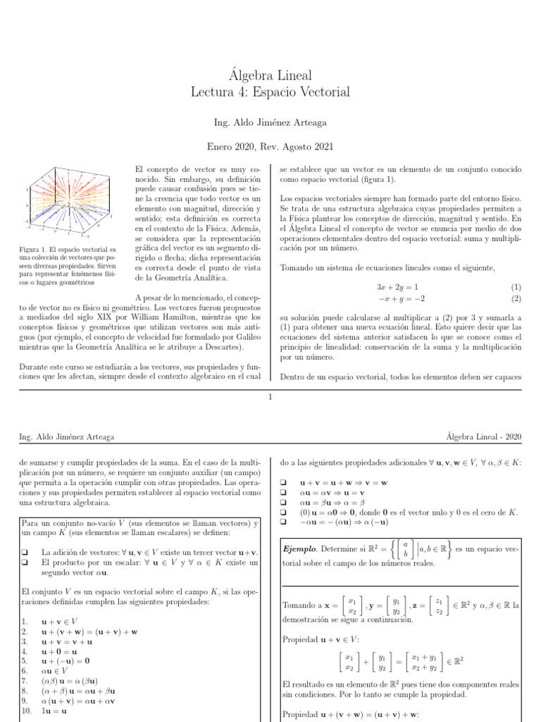 Algebra Lineal Lectura 4: Espacio Vectorial: Ing. Aldo Jim Enez Arteaga ...