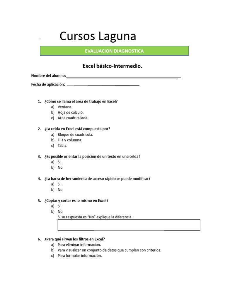 Evaluacion Diagnostico Basico Intermedio Pdf Microsoft Excel Hoja