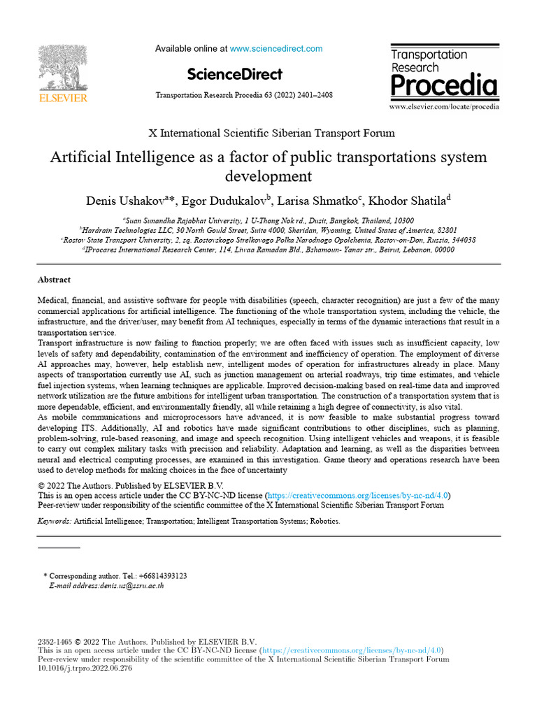 Artificial Intelligence as a factor of public transportations system development | PDF ...