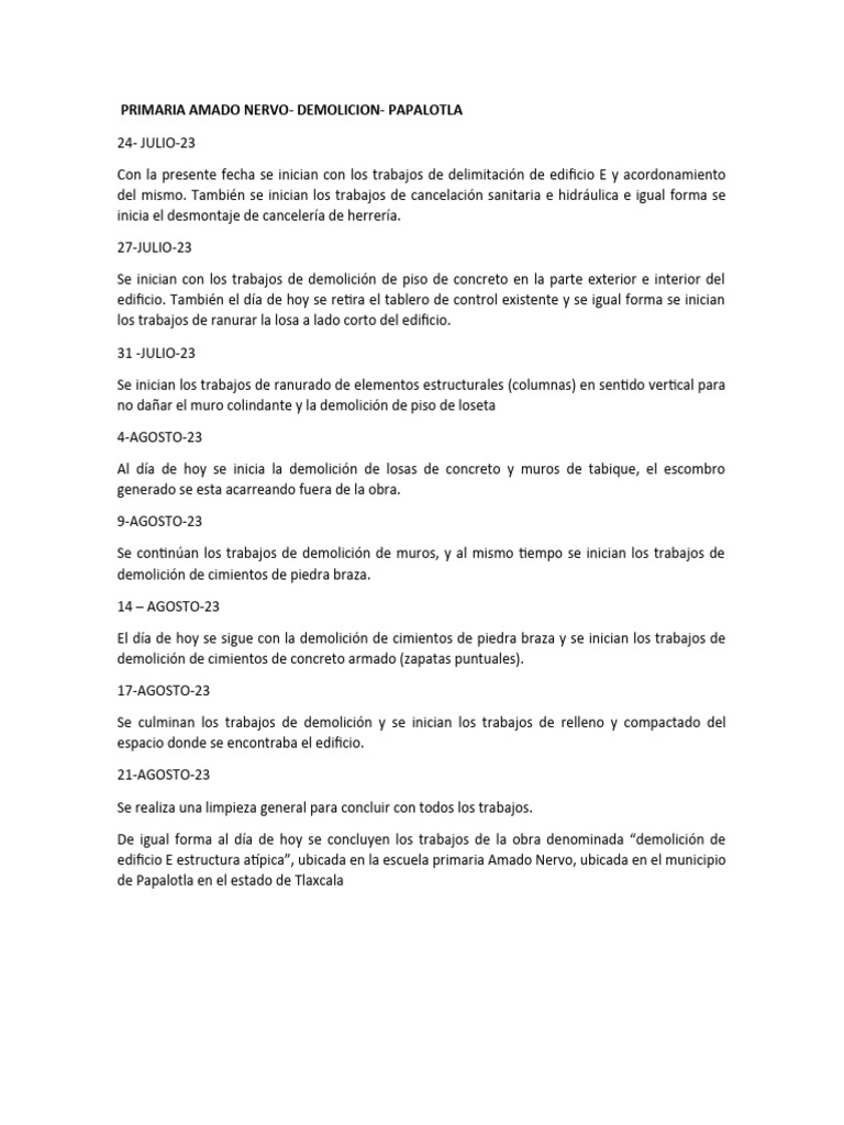 Notas de Bitacora | PDF | Demolición | Fundación (Ingeniería)