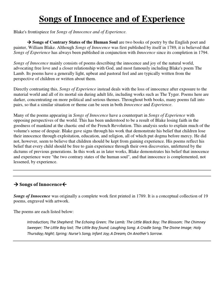 Blake's Songs of Innocence and Experience | PDF | History | Classics