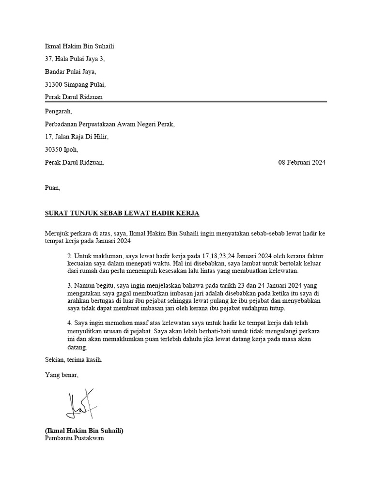 Surat Tunjuk Sebab Datang Lewat | PDF