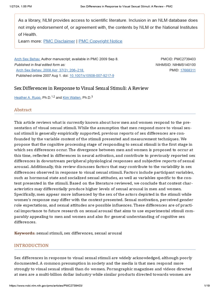 Sex Differences In Response To Visual Sexual Stimuli A Review Pmc