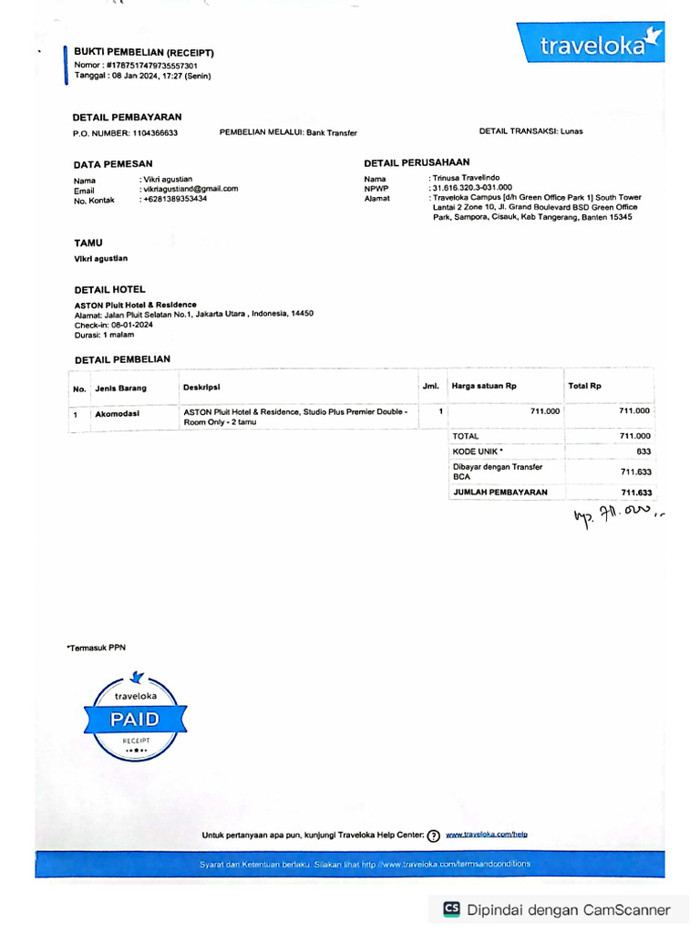 Nota Hotel Tanggal 8 | PDF