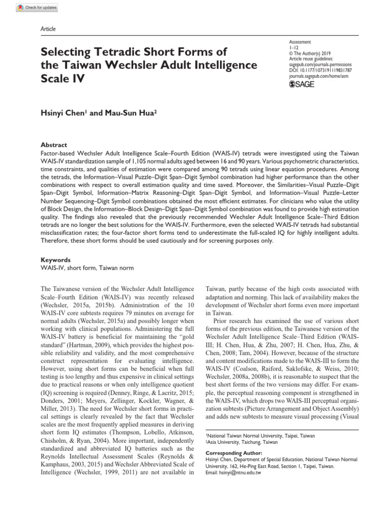 Selecting Tetradic Short Forms of the Taiwan Wechsler Adult ... Selecting Tetradic Short Forms of the Taiwan Wechsler Adult ...