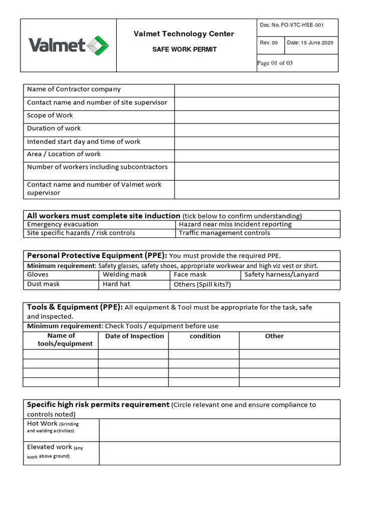 FO-VTC-HSE-001 Safe Work Permit Form | Download Free PDF | Personal ...