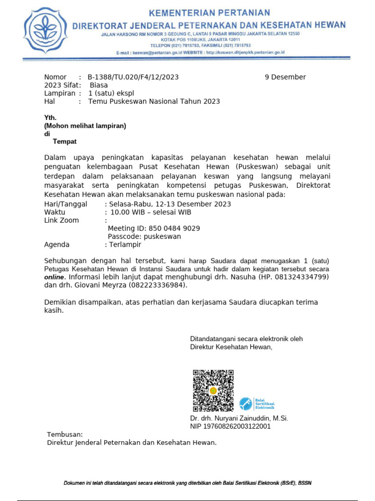 Undangan Temu Puskeswan Nasional Tahun 2023 - Online | PDF