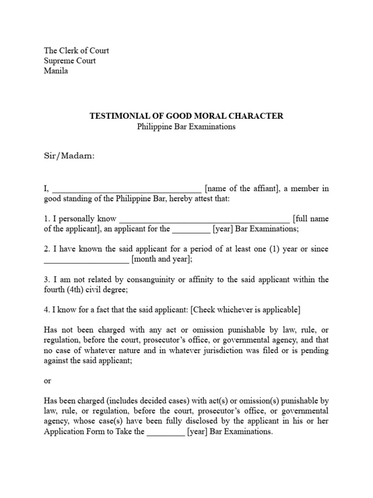 Form of Testimonial of Good Moral Character | PDF
