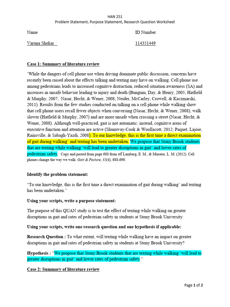 Han 251 Worksheet - Problem Statement Purpose Statement Research ...