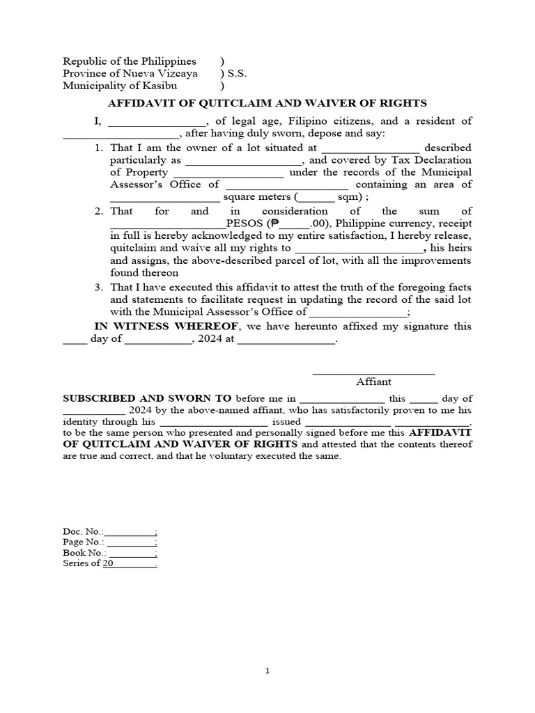 Affidavit of Quitclaim and Waiver of Rights | PDF