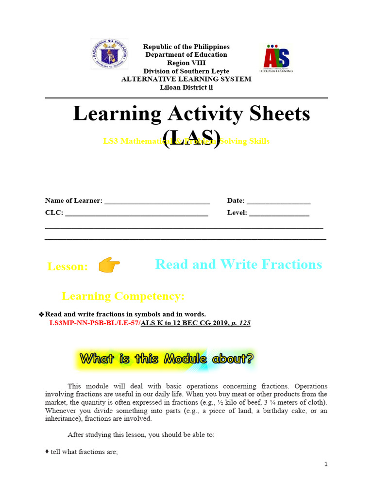 LS3 LAS (Read and Write Fractions) ..-Edited | PDF | Learning | Cognition