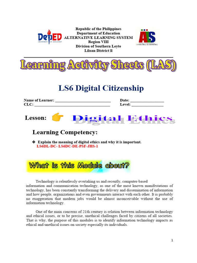 LS6 Modules With Worksheets (Digital Ethics) - EDITED | PDF | Copyright Infringement | Internet