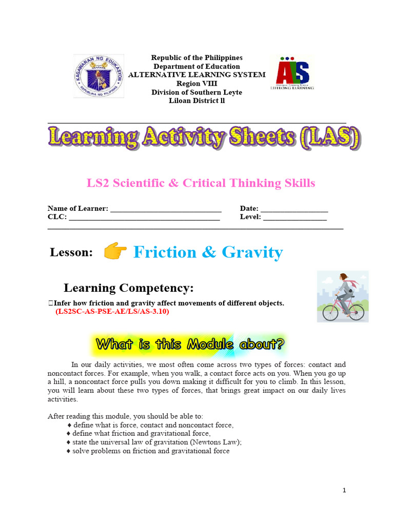 week3-LS2 LAS (Friction and Gravity) - Edited | PDF | Force | Friction