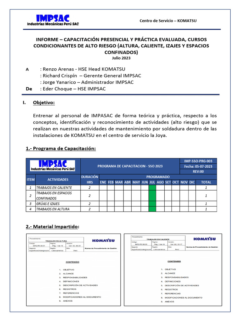Informe - Capacitación Cursos de Alto Riesgo | PDF | Materiales | Procesos de negocio