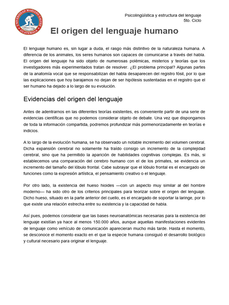 El Origen Del Lenguaje Humano | PDF | Origen del lenguaje | Humano