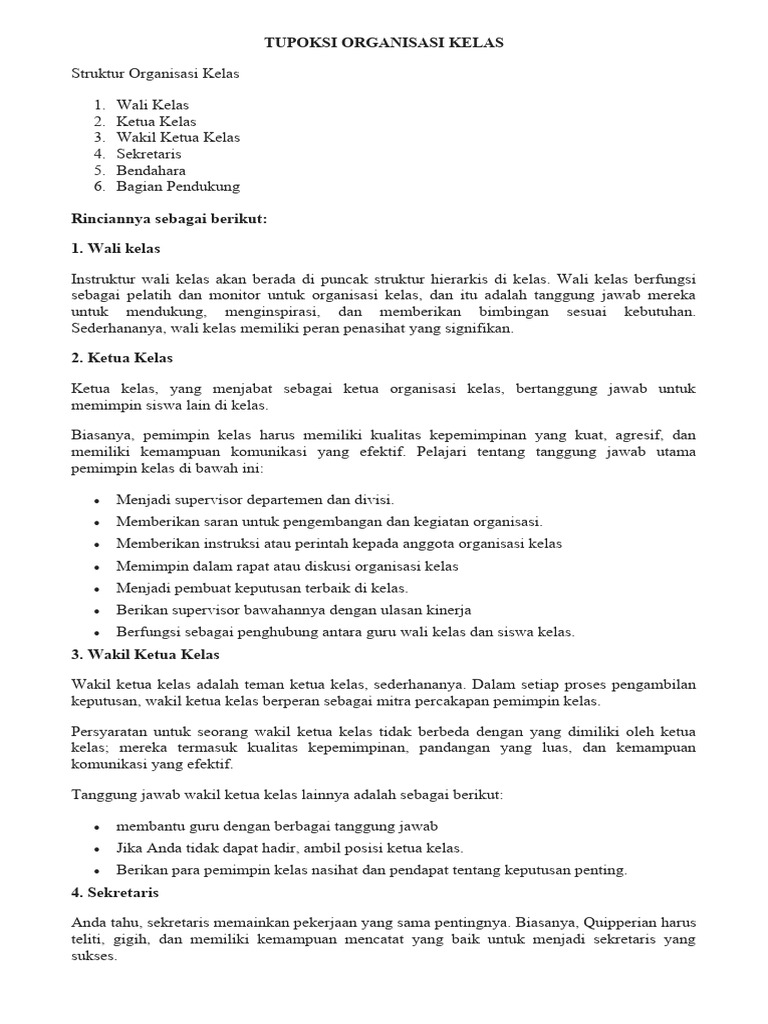 Tupoksi Struktur Organisasi Kelas | PDF