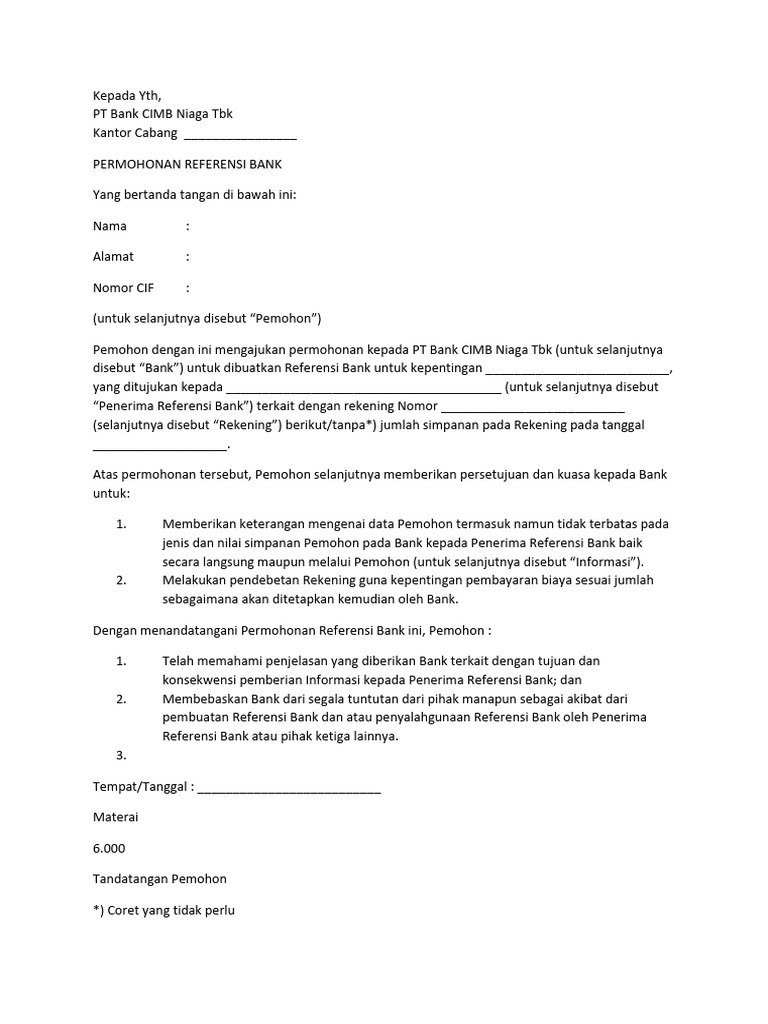 Contoh Surat Permohonan Referensi Bank CIMB Niaga | PDF | Bisnis ...