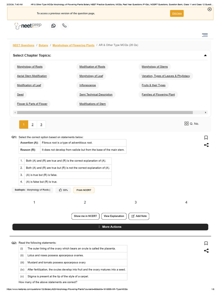 Neetprep - AR & Other Type MCQs Morphology of Flowering Plants | PDF ...