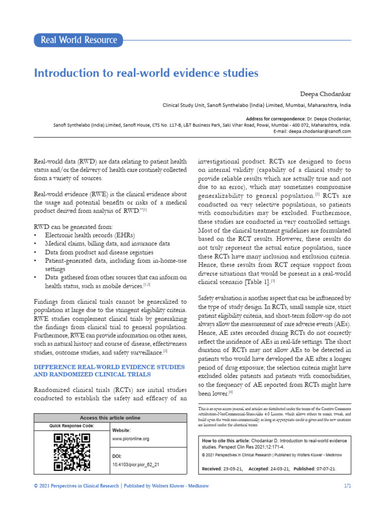 Chodankar2021 Real World Evidence Vs RCT | PDF | Randomized Controlled Trial | Clinical Trial