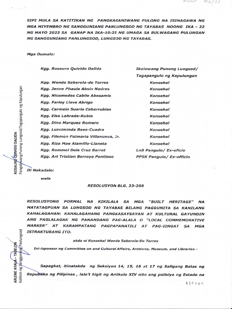 Resolusyon Blg. 23 208 - Pagkilala Sa Mga Pamanang Kultural Sa Lungsod ... Resolusyon Blg. 23 208 - Pagkilala Sa Mga Pamanang Kultural Sa Lungsod ...