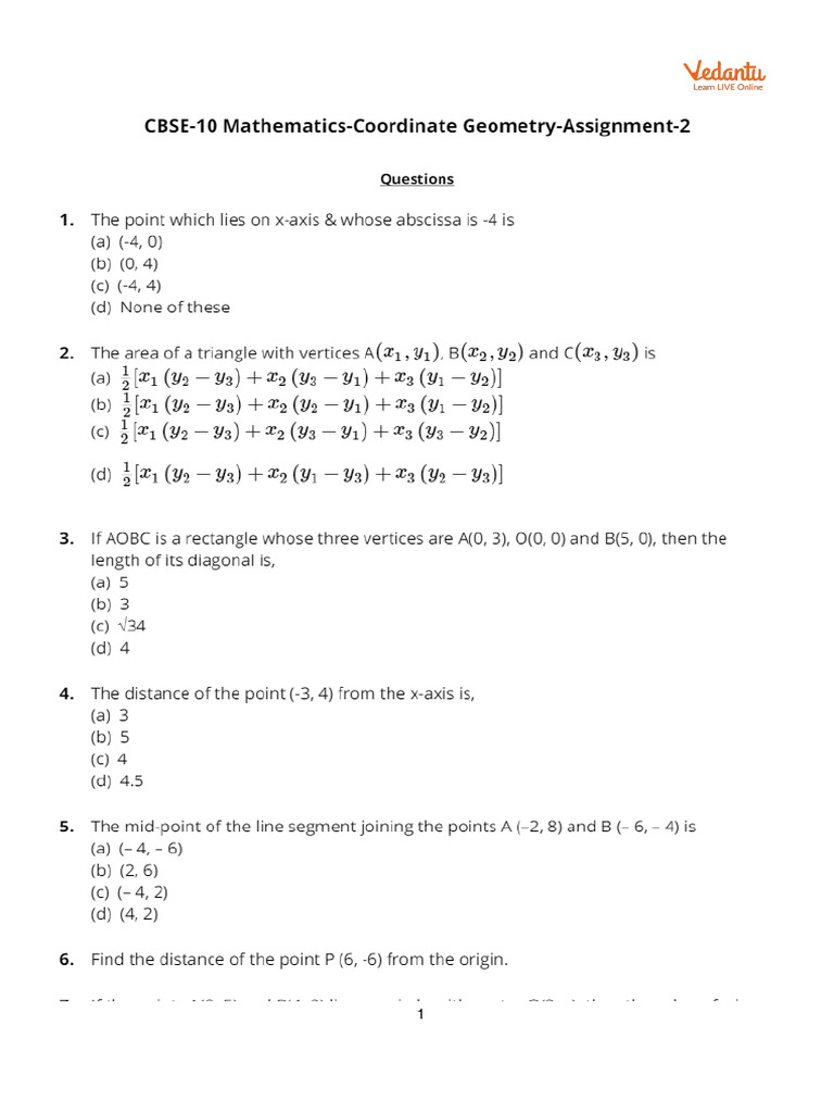 CBSE 10 Mathematics Coordinate Geometry Assignment 2 | PDF