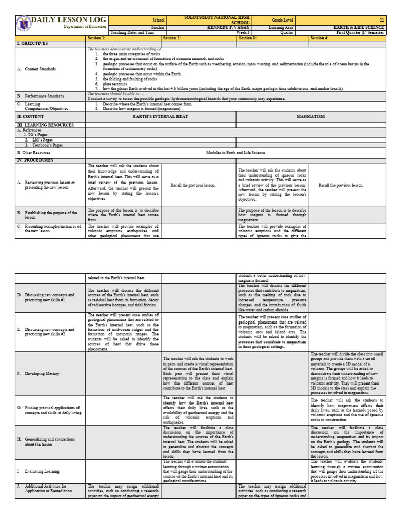 Grade 11 Earth Science Lesson Plan | PDF | Geology | Rock (Geology)