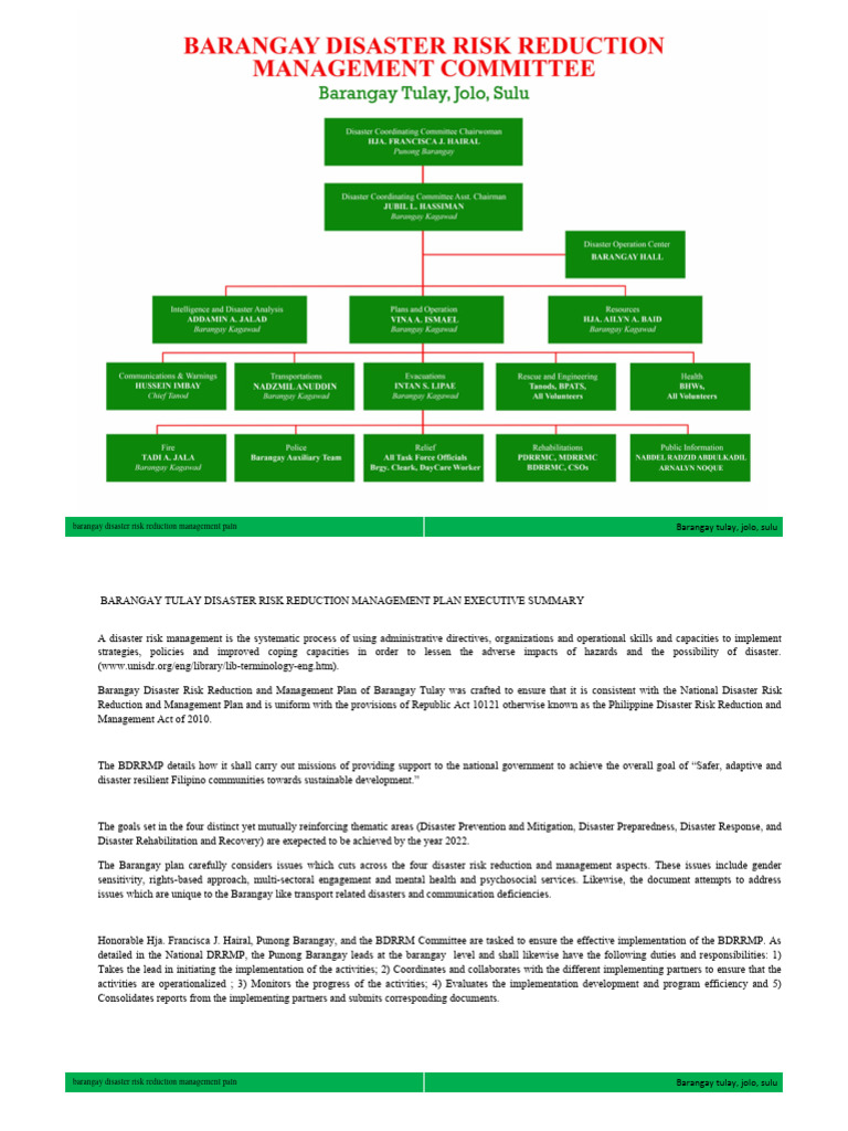 Barangay Disaster Risk Reduction Management Paln: Barangay Tulay, Jolo ...