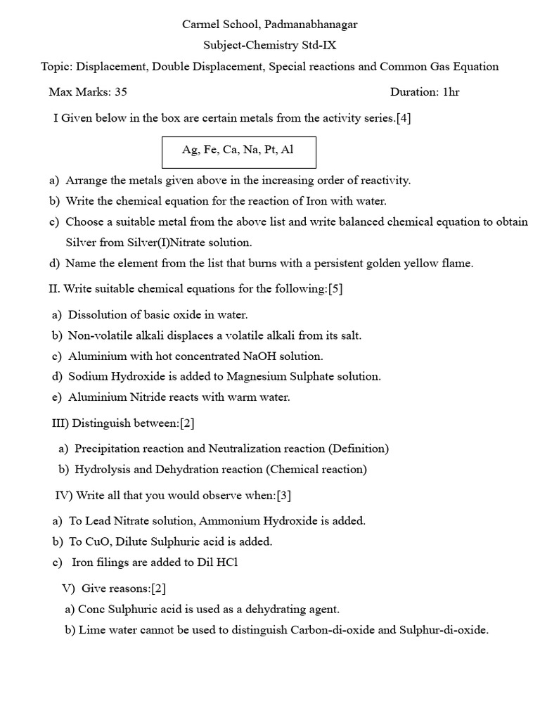 Chemistry Displacement Reactions Guide | PDF | Hydroxide | Chemical ...