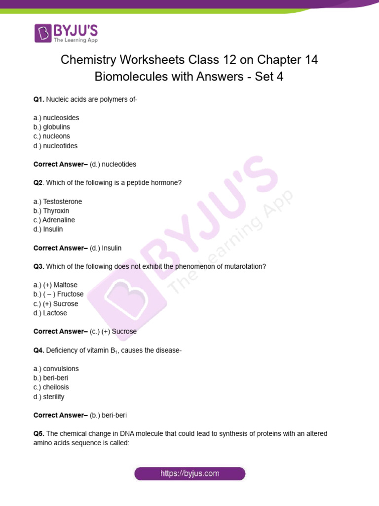 Chapter 14 Biomolecules Worksheet Answers Set 4 Pdf Nucleic Acids