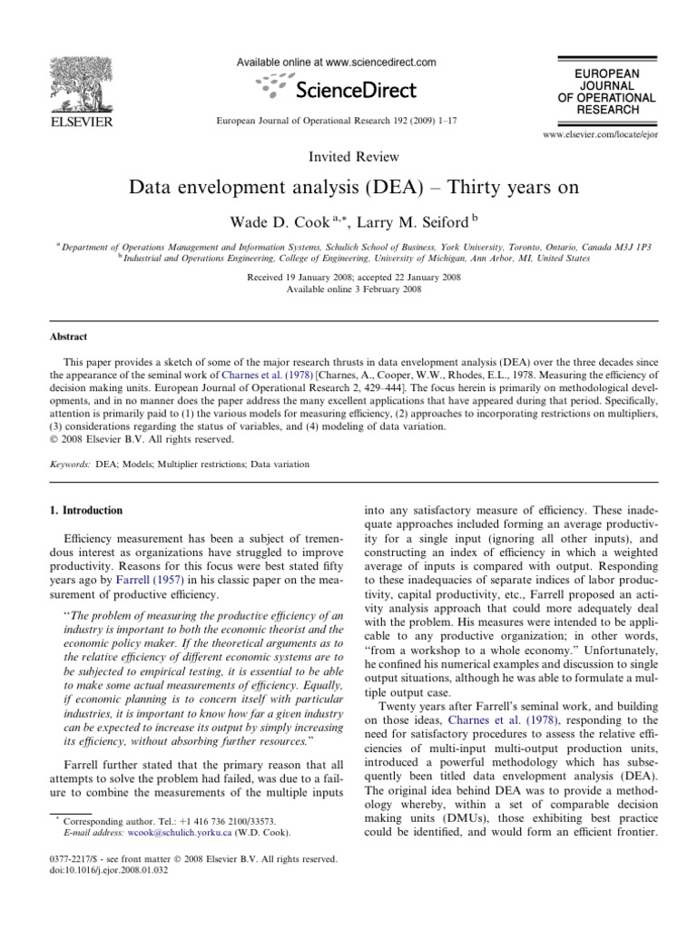 Data Envelopment Analysis Dea Thirty Years On European Journal Of