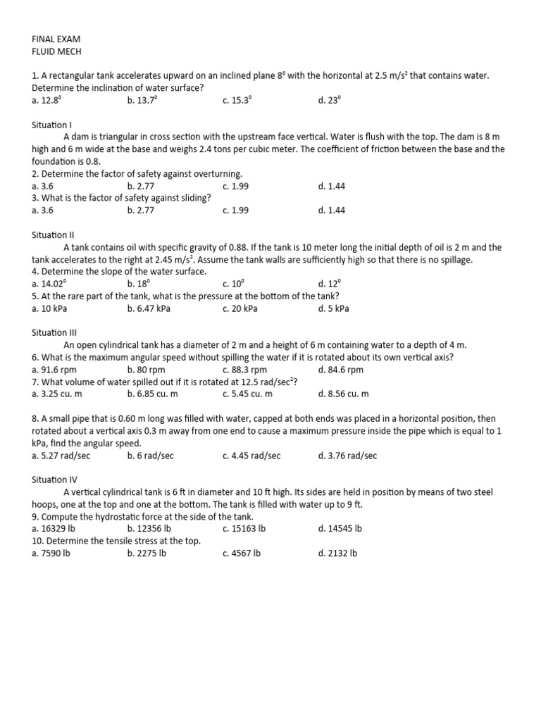 Fluid Mechanics Final Exam | PDF | Pressure | Water Fluid Mechanics Final Exam | PDF | Pressure | Water